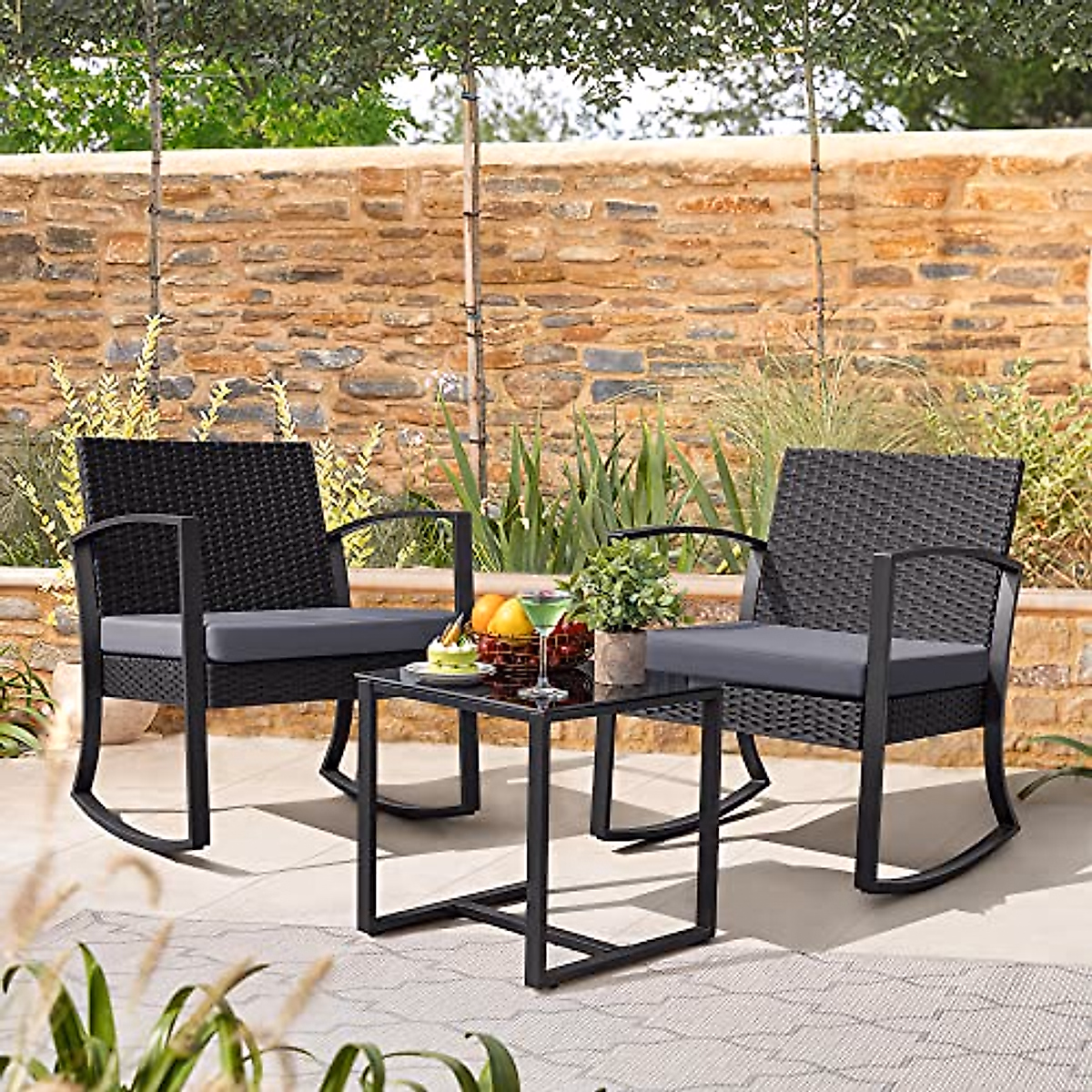 Homall 3 Pieces Patio Set Rocking Bistro Set, Patio Outdoor Furniture Porch Chairs with Cushions and Table for Poolside, Balcony, Porch and Yard (Grey)