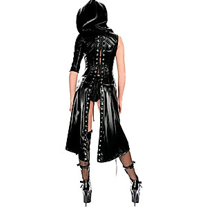 Women Faux Leather Cape Cloak Bandage Leather Lingerie Cosplay Halloween Costume Punk Gothic Dress Lace Up Catsuit Hooded Cape Sexy Shiny Latex Dress