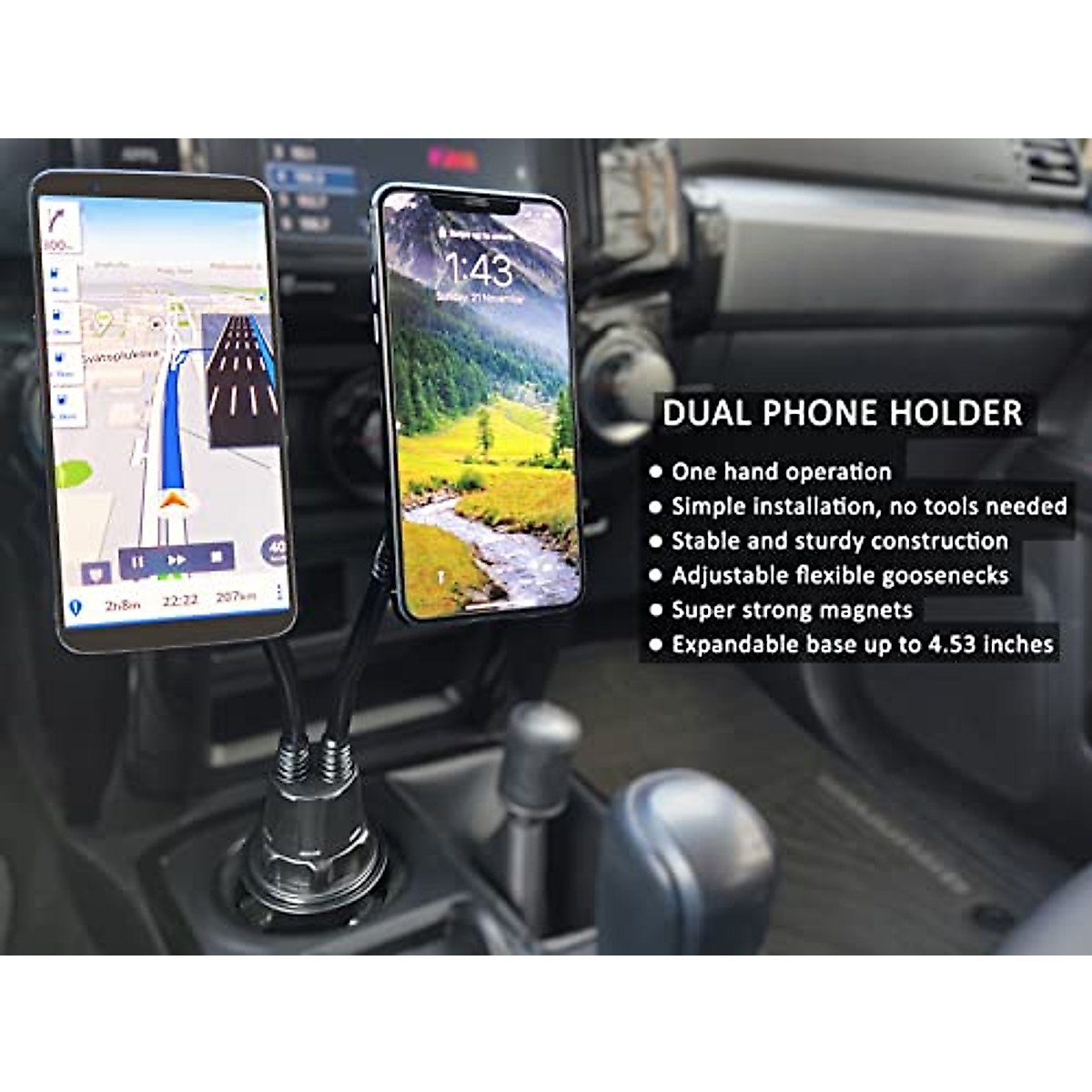 TIVORAZ Dual Phone Holder for Car Cup Holder – Double Car Phone Mount, Car Cup Holder Phone Mount, Expandable Base Phone Holder Car Cup Holder – Compatible with iPhone, Samsung, GPS (Magnetic Holders)
