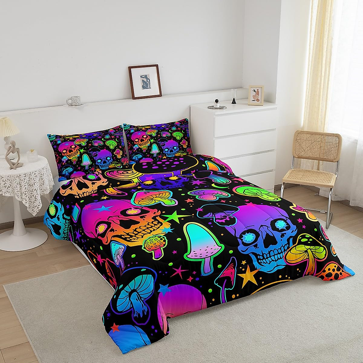 Feelyou Halloween Bedding Set Kids Sugar Skull Comforter Set Mushroom Comforter for Room Decor Lightweight Fluorescent Style Duvet Set with 1 Pillow Case