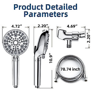 High Pressure Handheld Shower Head 4.7" Large, 10-mode Detachable Shower Head with Hard Water Filter & Adjustable Bracket, Anti-clog & Powerful to Clean Tile & Pets, with 80" Hose - Polished Chrome