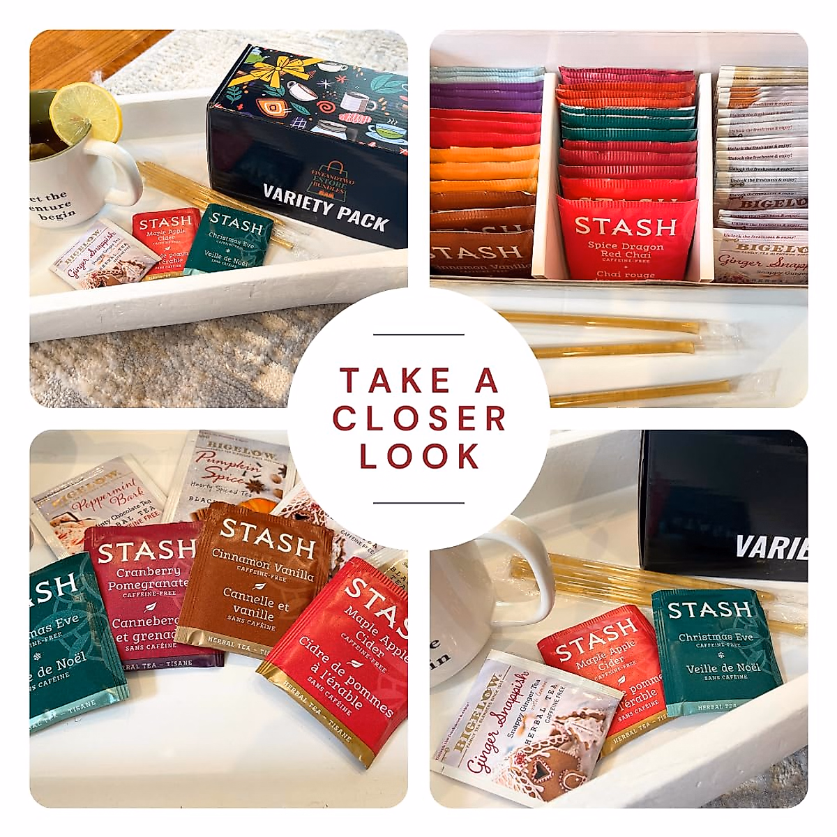 Premium Stash Bigelow Tea Sampler Set - 16 Assorted Tea Flavors with Herbal & Black Tea Bags, 10 Honey Sticks, eBook - 48 Pc Tea Sampler Gift Set Box for Adults Men Women Colleagues