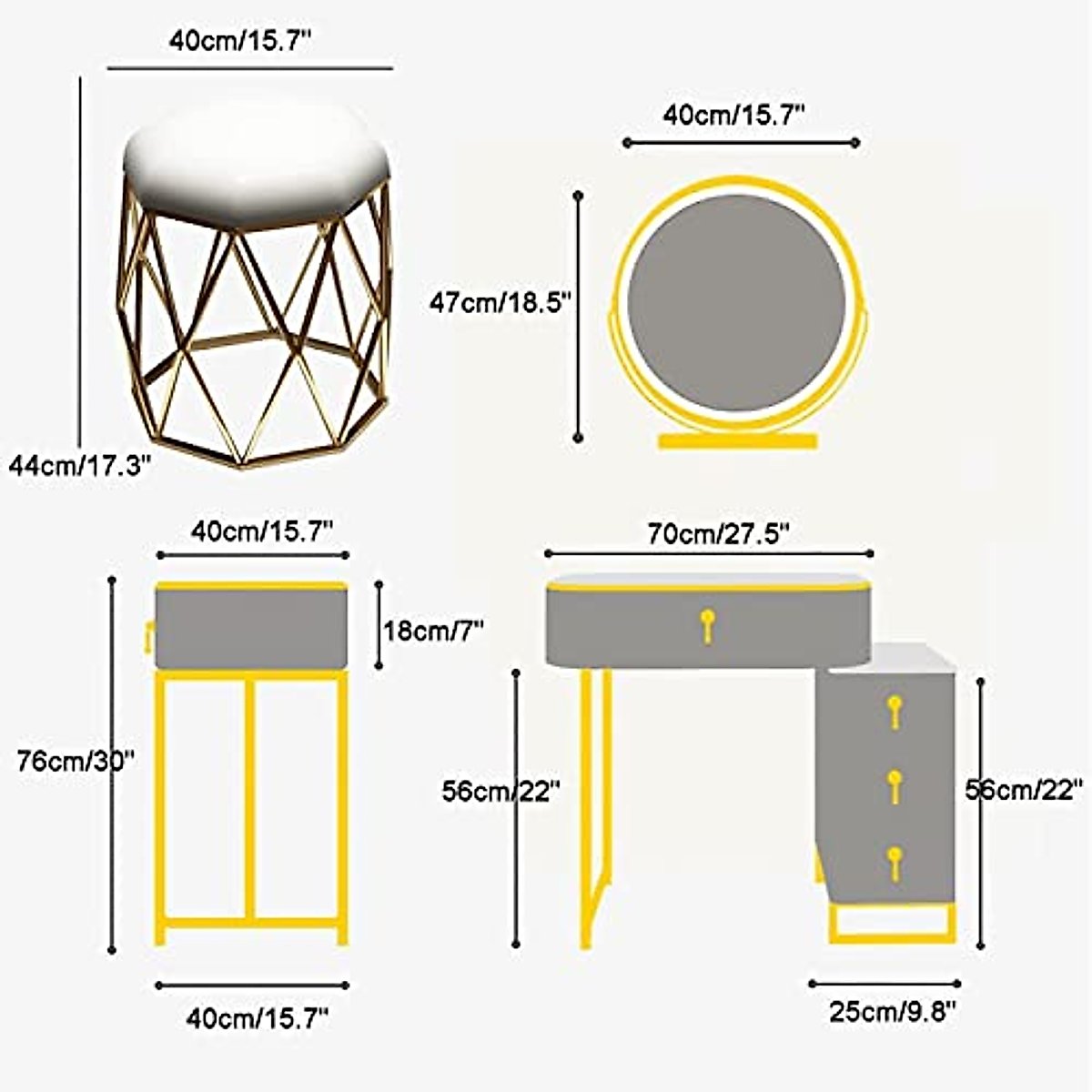UTMACH Vanity Slate Tabletop Vanity Desk, Vanity Set with Adjustable Cabinet ＆ Makeup Chair, Dressing Table with Lighted Mirror ＆ Drawers Desk Sturdy