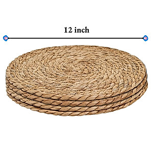 Round Woven Placemats Set of 4, 12" Boho Rattan Placemats Natural Hand-Woven Water Hyacinth Placemats, Farmhouse Weave Place Mats, Rustic Braided Wicker Table Mats for Dining Table,Home,Wedding