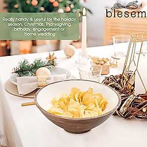 Wooden Salad Bowl Set Large 12" with Server Tongs Spoons, White Bowl with Utensils for Kitchen Gift Decor