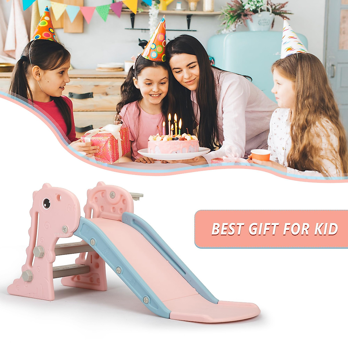 3 in 1 Freestanding Toddler Slide, Afaris Indoor Outdoor Playground with Basketball Hoop and Ball for Kids Boys Girls Under 3 Years, Pink