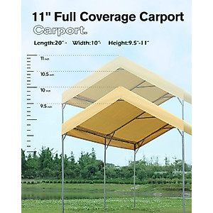 FINFREE Carport 10 x 20 ft Heavy Duty Carport with 4 Sandbags, Car Canopy for Auto, Boat & Market Stall, Adjustable Height from 9.5 ft to 11 ft,Beige