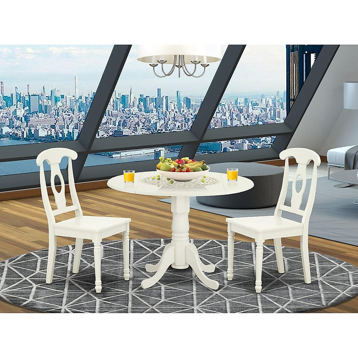 East West Furniture DLKE3-LWH-W 3 Piece Dining Room Table Set Contains a Round Kitchen Table with Dropleaf and 2 Dining Chairs, 42x42 Inch, Linen White