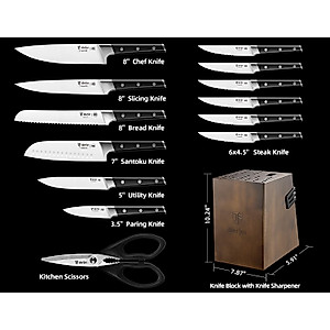 ODERFUN Kitchen Knife Set with Block, 15PCS Full Tang Knife Block Set with Built-in Sharpener, High Carbon Stainless Steel Knives Sets for Kitchen, Razor Sharp Kitchen Knives with Box