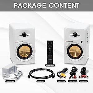 Prosonic BT30 Active Powered Bluetooth Bookshelf Speakers, Studio Monitor, Home Theater, Turntable, with Optical Input, Coaxial Input, 2X RCA Aux Line Input, 80 Watts, (White)