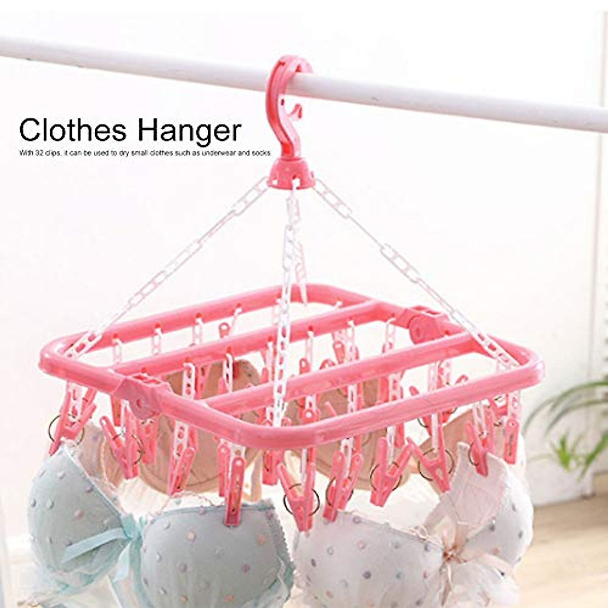 Nannigr Clothes Drying Rack, Underwear Drying Rack Folding with 32 Clips for Laundry(Pink)