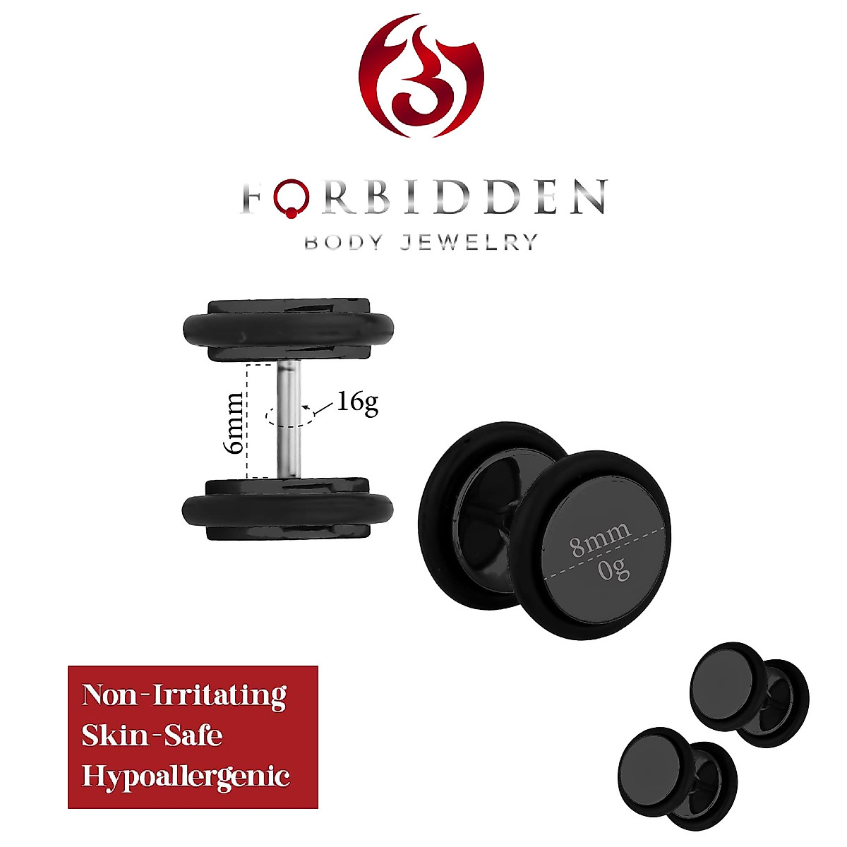 Forbidden Body Jewelry 16g Cheater Plugs: 0g 8 mm Surgical Steel Black IP Plated Fake Plug Earrings