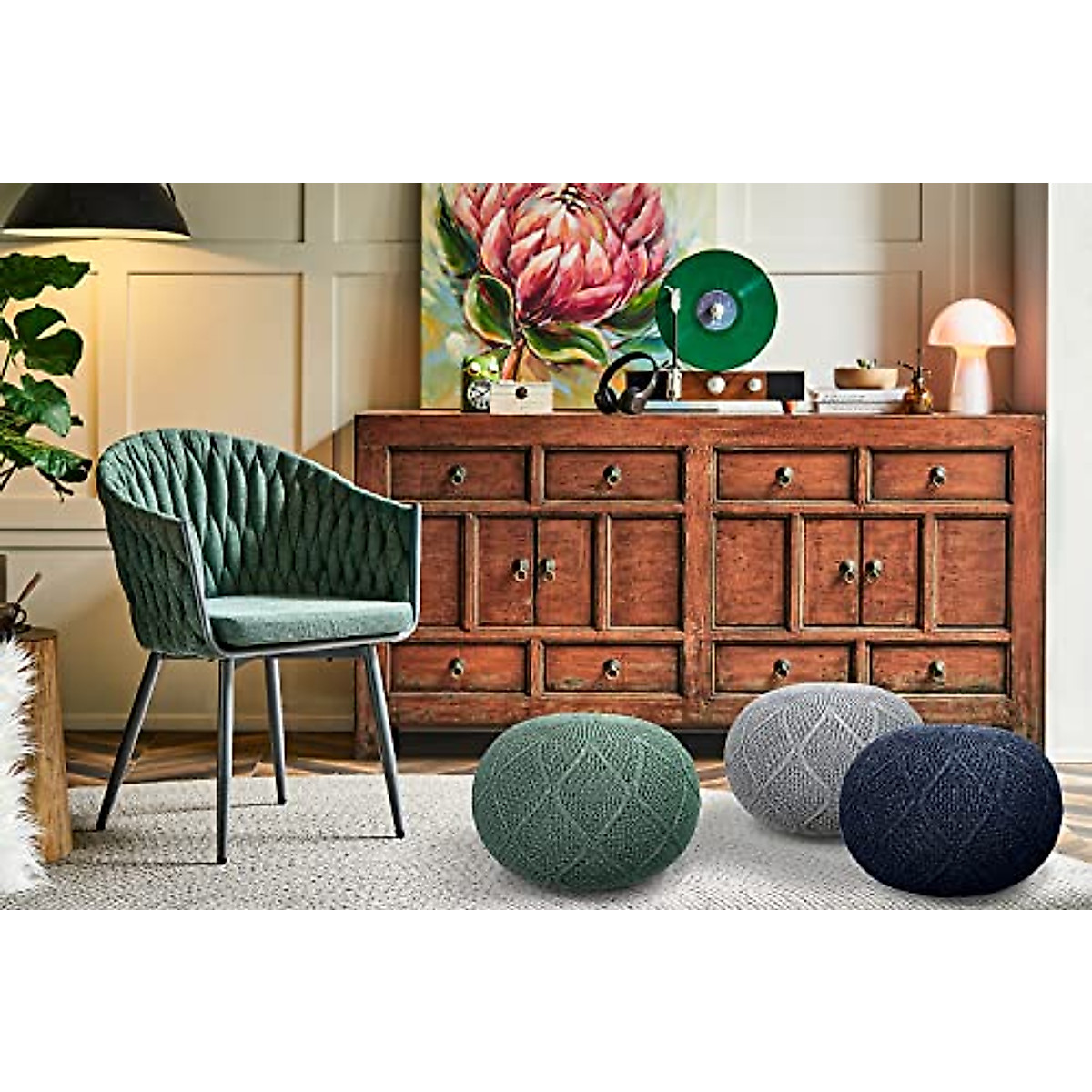 ARTPLAN Outdoor Pouf Ottoman Foot Rest Hand Weaving Knight Home Nahunta Pouf Round Kintted Olefin,Green