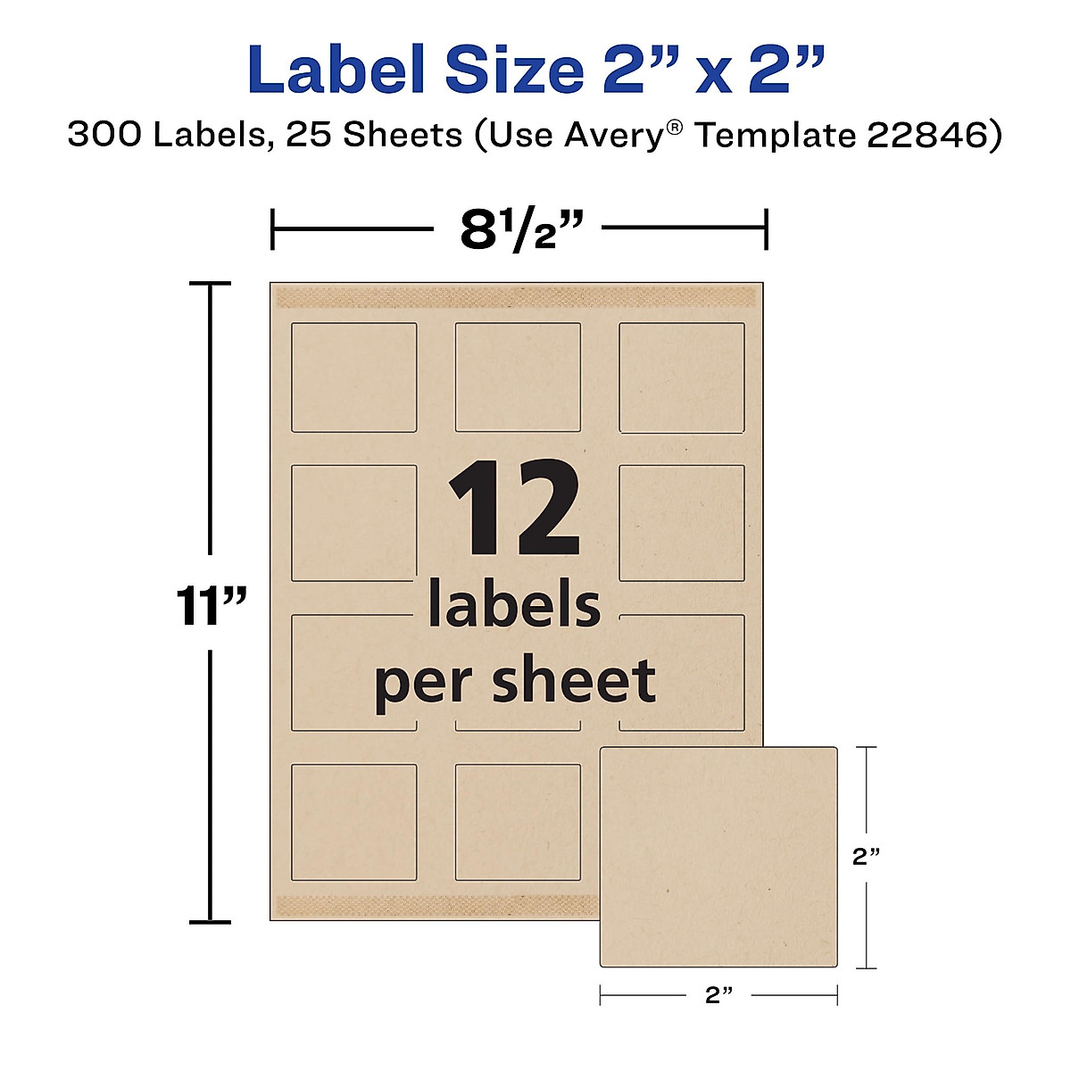 Avery Printable Blank Square Labels, 2" x 2", Kraft Brown, 300 Customizable Labels (22846)