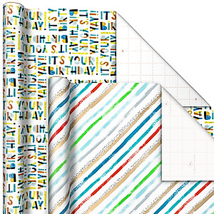Hallmark Colorful Wrapping Paper Bundle with Cutlines on Reverse (6 Rolls: 115 Square Feet Total) Red, Blue, Yellow, Green, Rainbow Stripes, Polka Dots for Birthdays, Graduations, Father's Day