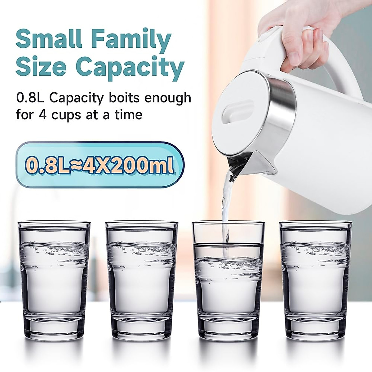 Wdcme Small Portable Electric Tea Kettle, 0.8L Travel Electric Coffee Kettle, Mini Hot Water Boiler Stainless Steel (White)