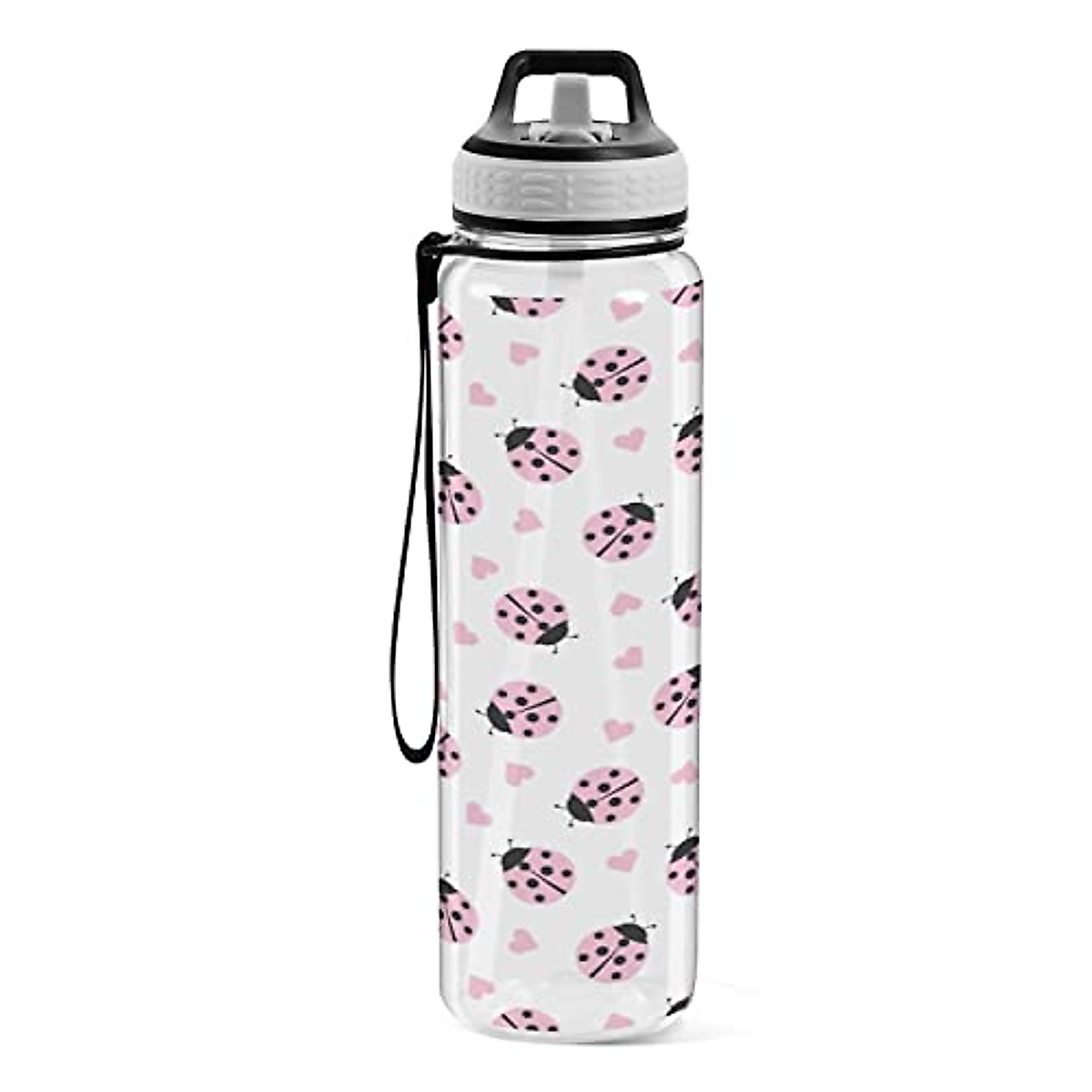 Fustylead Cute Ladybug and Hearts 32oz BPA Free Water Bottles, Leakproof Tritan Sport Water Bottle with Straw for Gym Fitness Running