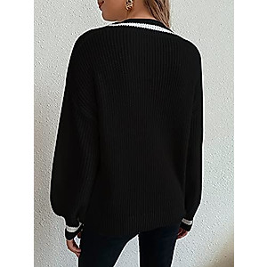 Verdusa Women's Ribbed Knit Drop Shoulder Sweater V Neck Long Sleeve Pullovers Black M
