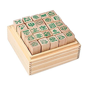 Pack of 25 Pcs Small Green Happy Life Shape Wooden Rubber Stamps with Box for DIY Craft Card and Photo Album (Green)
