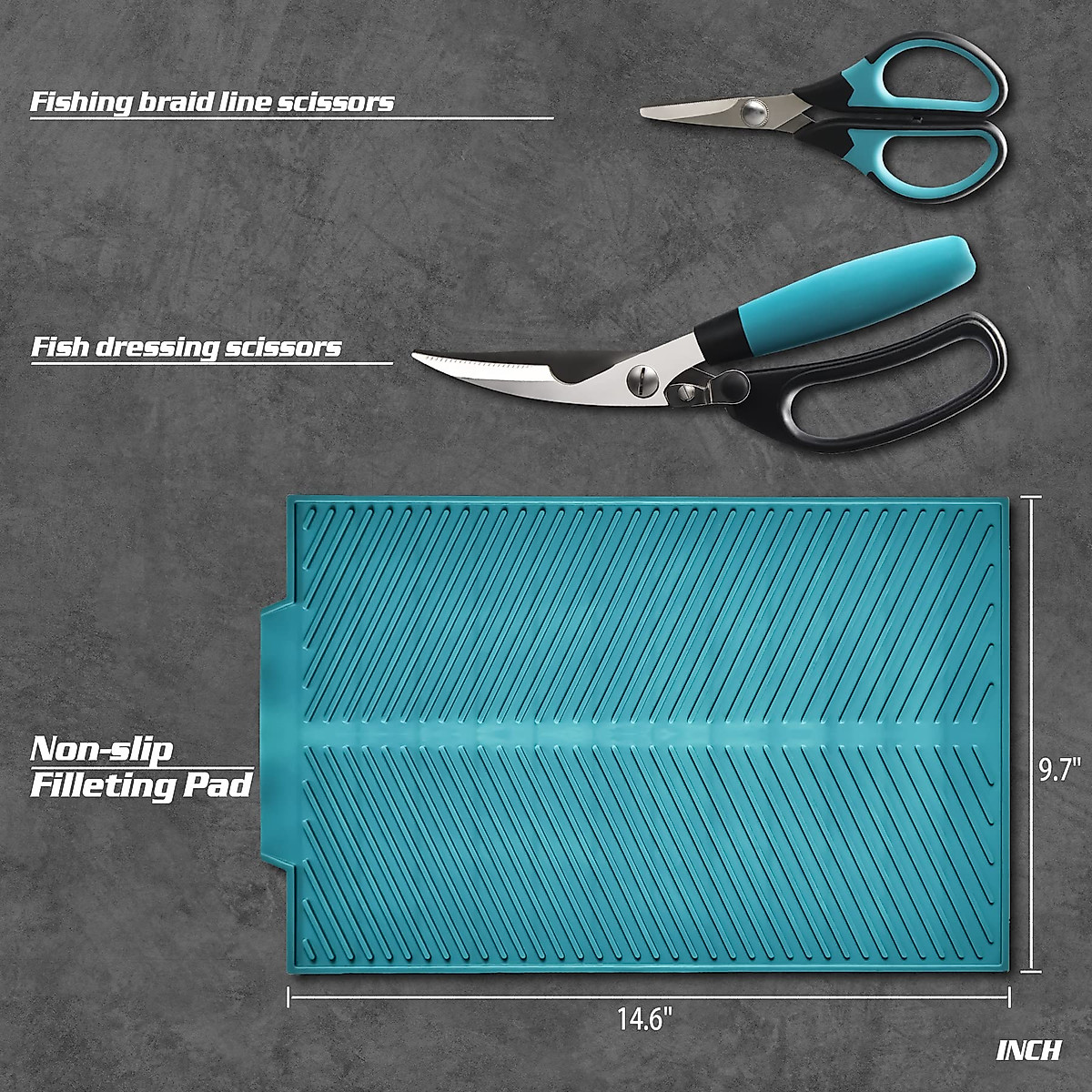 KNINE OUTDOORS Fish Fillet Knife Set Curved Flex 7 inch 9 inch Filet Knife for Filleting and Boning, Non-Slip Handles, Includes Fishing Braid Line Scissors, Fish Dressing Scissors, Filleting Pad