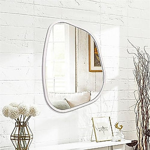 Irregular Oval Wall Mirror Large White 20"x16" Inches Asymmetrical Mirror Modern Wood Frame Unique Shape Wall Mounted Vanity Artistic Mirror Decor for Living Room Bedroom Bathroom Entryway Hallway
