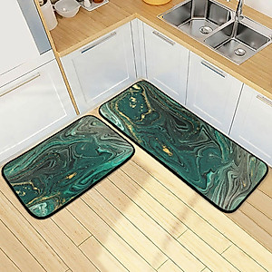 J JOYSAY Green Marble Kitchen Rugs and Mat 2 Pieces Set Cushioned Anti Fatigue Kitchen Mat Non Slip Comfort Standing Rug Washable Farmhouse Decor for Sink Table Fridge Fall