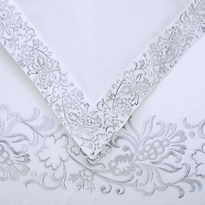 Superior Embroidered Cotton Duvet Cover Set, Soft Bedding Covers, Bedroom, 1 Duvet Cover with Button Closure, 1 Pillow Sham, Elegant Design, Moonlawn Collection, Twin/Twin XL, White