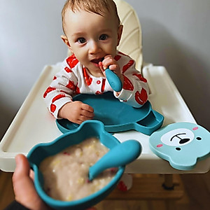 TUM TUM Suction Bowl for Baby, Toddler Bowl with Lid & Spoon, for Babies & Toddlers 6 Months+, BPA Free Silicone Baby Feeding Set, Microwave/Dishwasher/Freezer Safe, Boris Bear, Blue