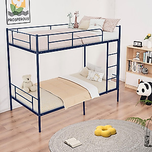 Bunk Bed Twin Over Twin, Twin Over Twin Bunk Bed with Metal Guardrail and Ladder, Heavy Duty Twin Bunk Beds for Boys, Girls, Teens, Adults, No Box Spring Needed, Noise Free (Navy Blue)