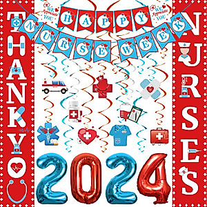 DMIGHT Nurses Week Decorations Set Include Thank You Nurses Porch Banners, Happy Nurses Week Banners, Hanging Swirls, Foil Balloons for Medical Party, RN Themed Party, Doctor Nursing Event Celebration