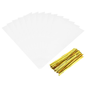 uxcell 100 Pcs Cone Cello Bags, Clear Flat Plastic Cello Treat Bags with Gold Twist Ties Candy Bags Cookie Bags for Christmas Snacks Candy Cookies Sweet
