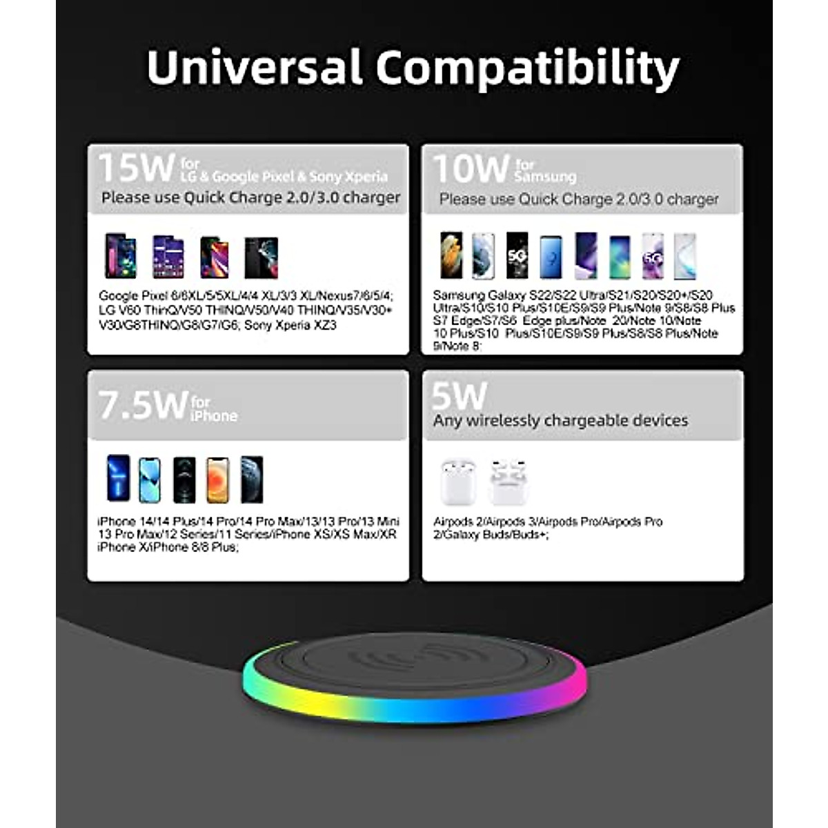 Wireless Charger Pad, 15W Max Fast RGB Wireless Charging Pad Compatible iPhone 14/14 Plus/14 Pro/14 Pro Max/13/13 Mini/SE 2022/12/11/X/8,Samsung Galaxy S22/S21/S20,AirPods 3 2 Pro(No AC Adapter) Black