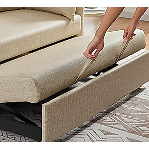 Melpomene Loveseat Sleeper Faux Leather Couch w/Pull-Out Bed and Adjustable Back, 57.1" Modern Convertible Sofa Bed w/ 2 Side Pockets and 2 Pillows (Khaki)