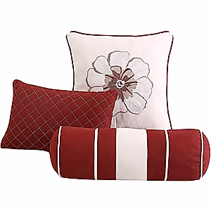 Chezmoi Collection Miranda 7-Piece Red Beige Floral Hibiscus Embroidery Comforter Set, California King