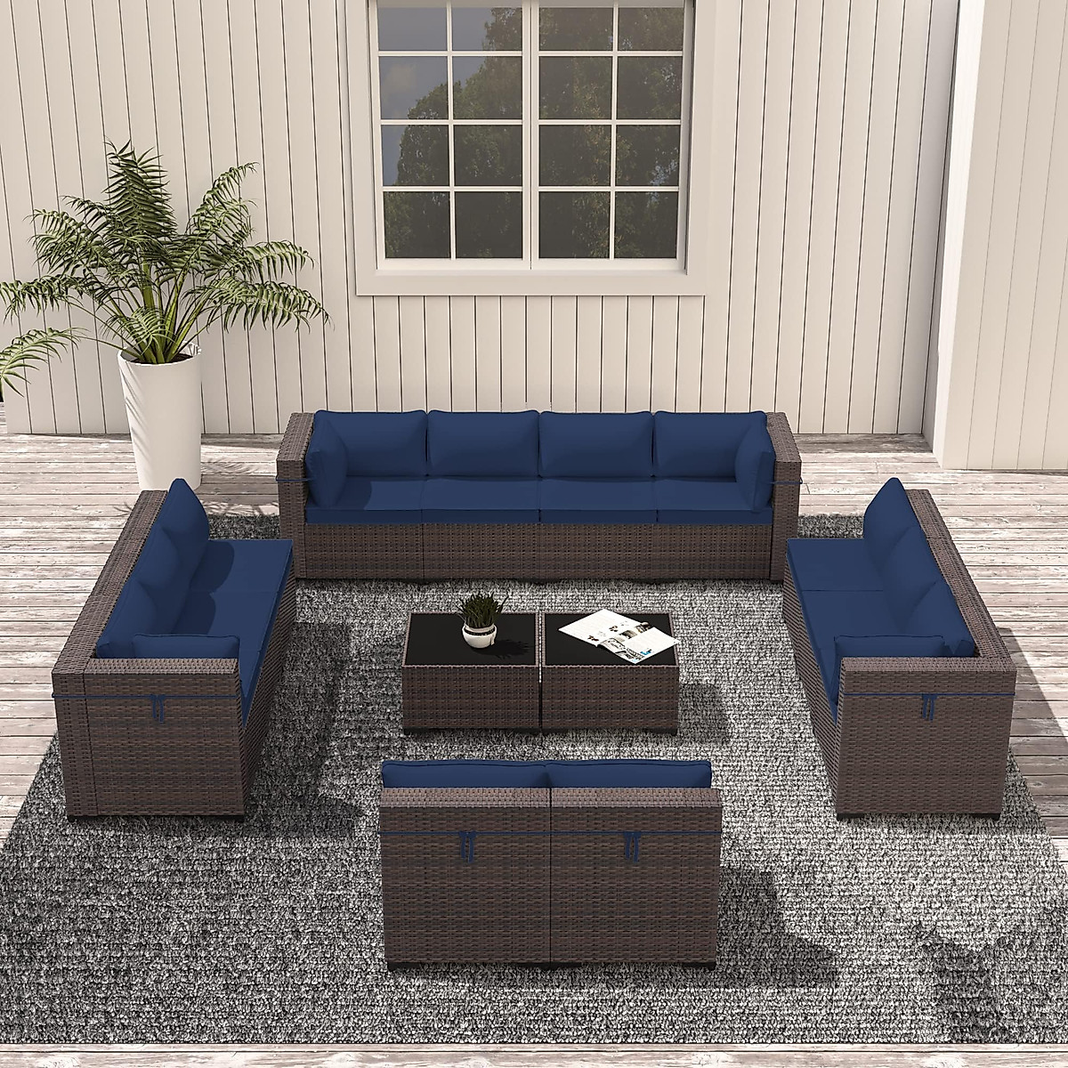 ASJMR Outdoor Patio Furniture Set, 14 Pieces Outdoor Sectional Sofa, All-Weather PE Rattan Conversation Set with Tempered Glass Top Table & Cushions(Dark Blue)