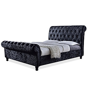 Baxton Studio Wholesale Interiors Castello Velvet Upholstered Faux Crystal-Buttoned Sleigh Platform Bed, Queen, Black