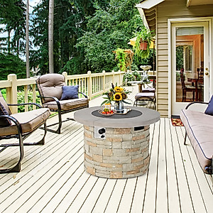 Tangkula 50,000 BTU Propane Gas Fire Pit Table, Patiojoy 36” Round Propane Firepit with Removable Lid, Volcanic Rock & PVC Cover, Outdoor Fire Pit Table with Faux Stone Surface for Patio, Backyard