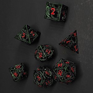 FOXBITE Green Hollow metal 7 Pcs Metal Dice Set D&D Dice Set, Polyhedral Dice Set for Dungeons and Dragons Dice, Blood Spattered Role Playing Dice Set, D+D RPG D and D Dice D20 D12(Rogue)