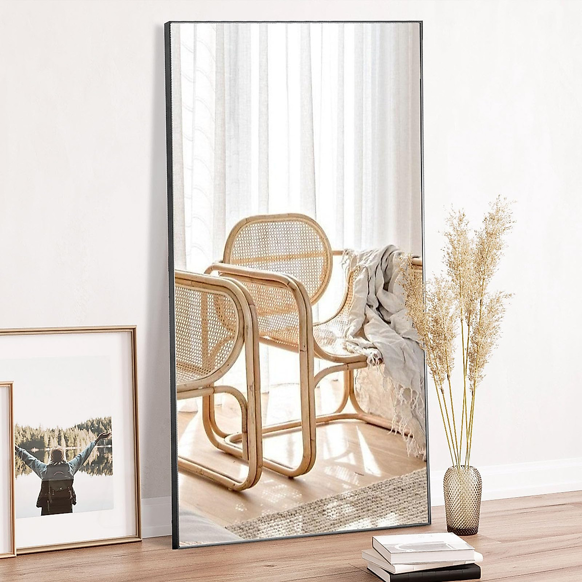 Sweetcrispy Full Length Floor Mirror with Stand 71"x30" Large Wall Mounted Full Body Mirror Standing/Leaning/Hanging Long Mirror, Aluminum Alloy Frame Black