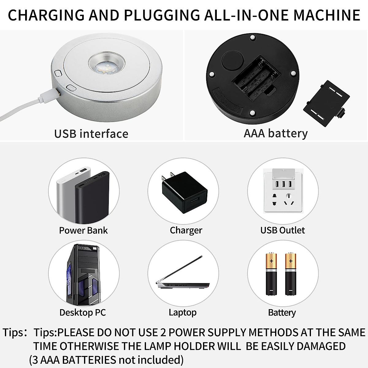 Rotating Display Stand - Spinning Display Stand with Colored Lights - Lighted LED Base for Glass Art with 4 Revolving & 8 Light Modes - Electric & Battery-Operated Platform - 5.1x1.2" (Silver)