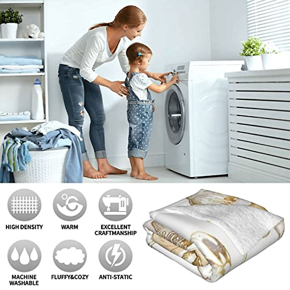 Blanket,Silver White with Light Gold Cherry Flowers Black Sakura Floral,Throw Blanket Lightweight Soft Warm Blanket Flannel Fleece Blankets for Couch Living Room 80"x60"