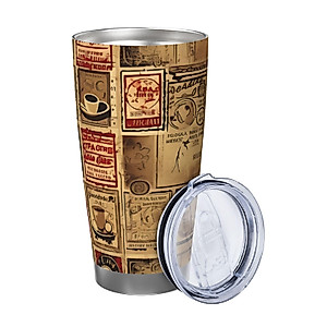 Tangopi Vintage Newspaper Coffee 20 oz Tumbler with Lid and Straw Insulated Travel Coffee Mug Reusable Spill Proof Coffee Cups Stainless Steel Water Bottle for Hot and Cold Drinks