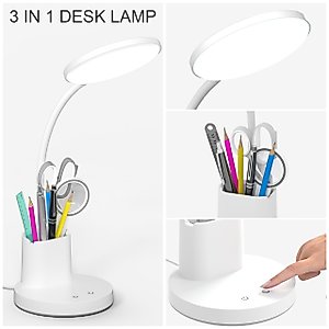Vicsoon Desk Lamp, LED Desk Lamp for Home Office, Touch Table Lamp with 3 Color Modes 360° Adjustable Arm, Dimmable Desk Light with Pen Phone Holder, White