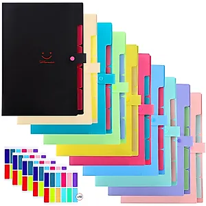 10PCS Expanding File Folders,A4 Letter Size Accordion Document Organizer,Plastic 5 Pocket Accordion Folder,Expandable File Folder with Snap Closure,120 Labels in 12 Colors for School Office Supplies