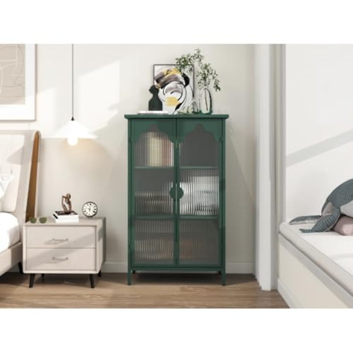2-door Metal Storage Cabinet, Buffet Cabinet, Display Cabinet with Glass Door, with Magnetic Arched Corrugated Glass Door, Adjustable Feet, Suitable for Dining Room, Living Room, Bedroom, Dark Green
