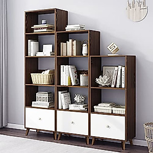 IOTXY 3-Tier Open Shelves Bookcase - 47 Inches Height Modern Floor Standing Cubes Wooden Low Bookshelf with Storage Drawer and Legs, Walnut