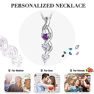 Tian Zhi Jiao Personalized 3 Names Simulated Birthstone Necklace for Mothers Custom Heart Drop Pendant Engraved Name Necklace for Women (Silver)