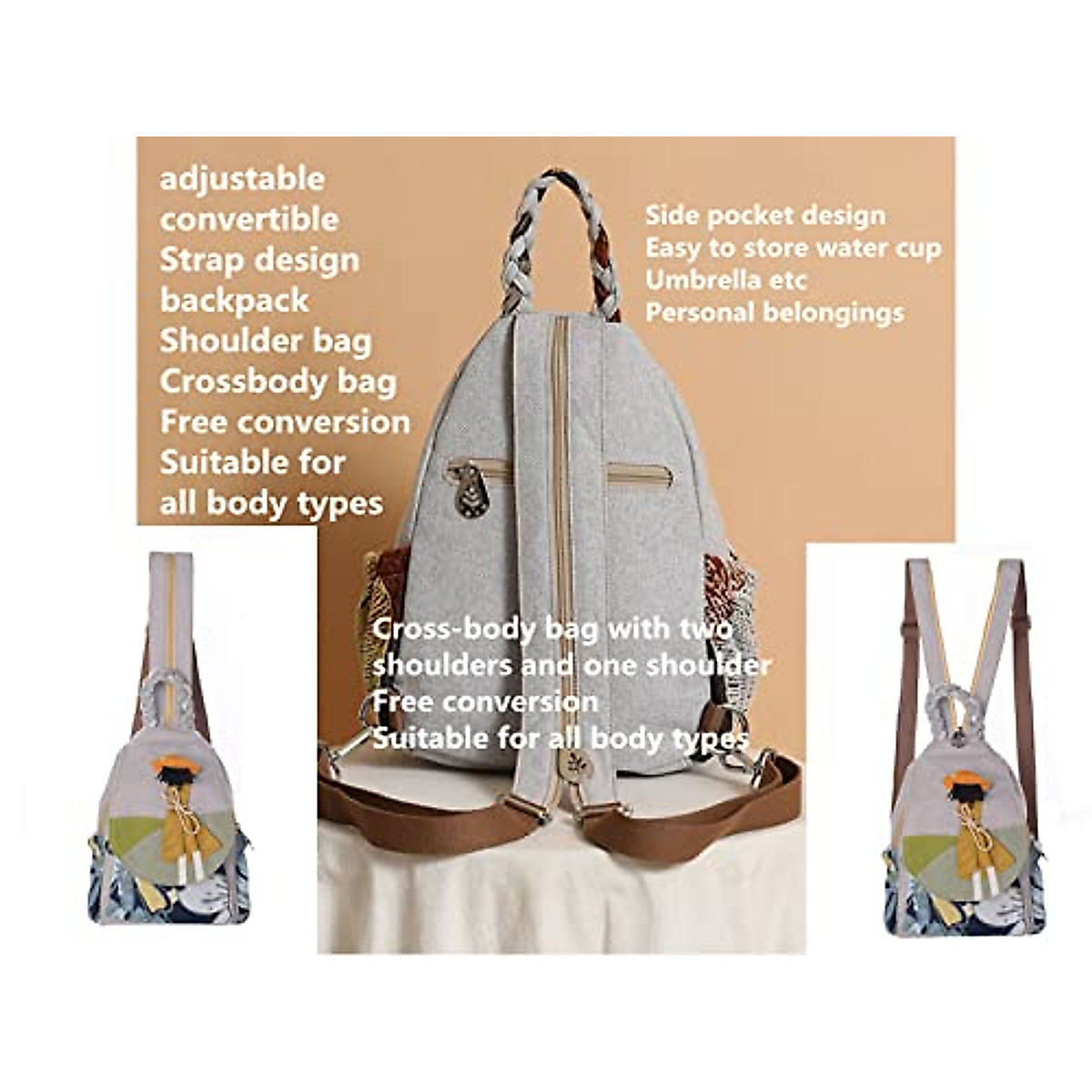 YIMOYICAI Backpack Purse for Women Girl's Convertible Sling Bag Boho Hippie Embroidered Woven Canvas with Woven Cotton Perfect Small Sling Bag Girl in the Wind