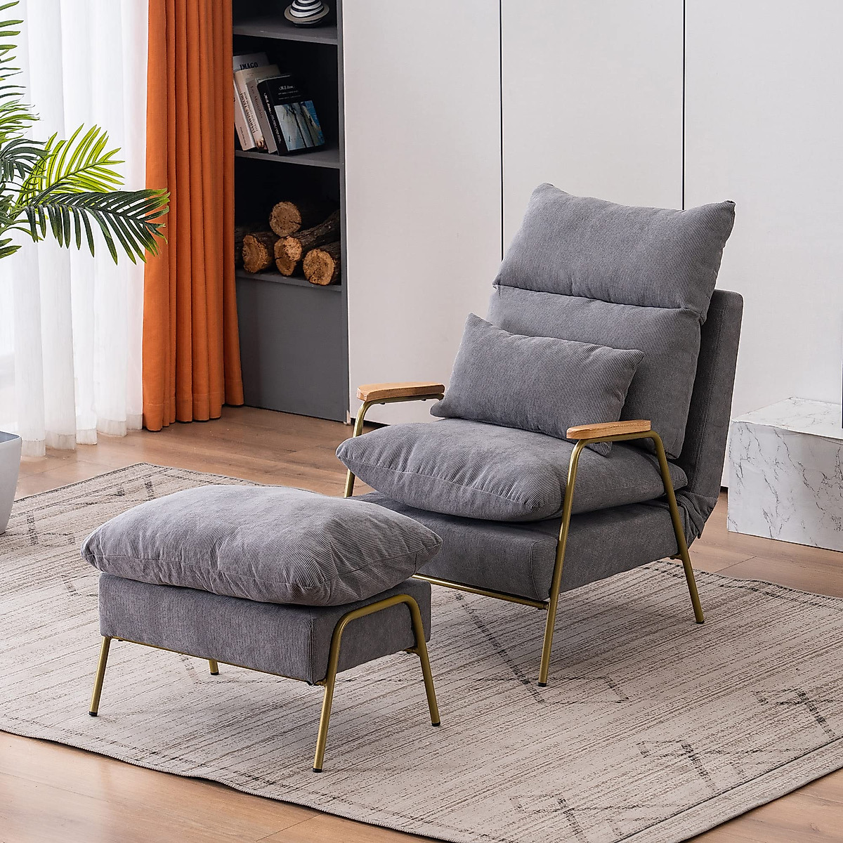 MCombo Accent Recliner with Ottoman, Fabric Arm Club Chair with Metal Legs, Adjustable Backrest and Pillow, Single Sofa Chair for Living Room Bedroom 4058 (Dark Grey, Golden Frame)