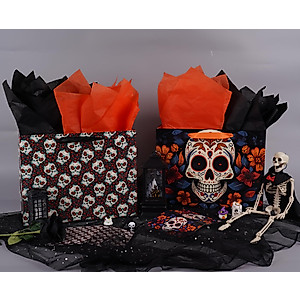 ysmile Halloween Skull Gift Bag with Wrapping Paper for Men Women 12.6" 2 Pack